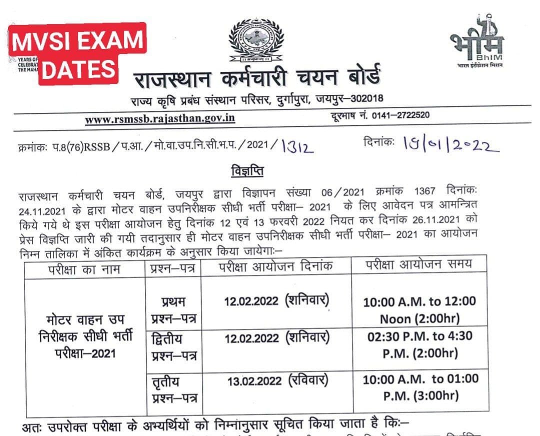 RSMSSB MVSI Recruitment 2021 Motor Vehicle Sub Inspector Admit Card ...